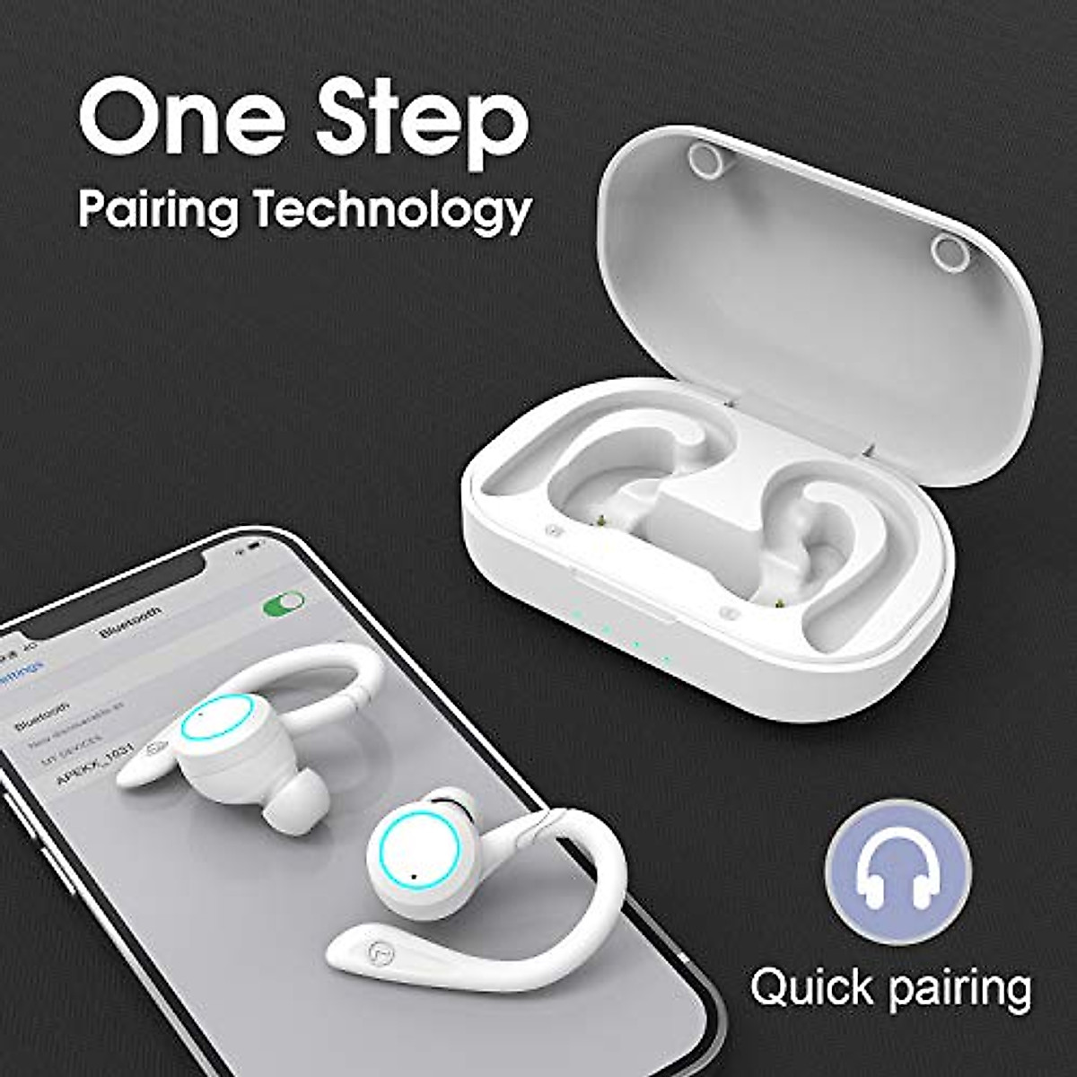 APEKX True Wireless Earphones with Charging Case IPX 7 Waterproof Over Ear Bluetooth Headphones Built-in Mic Deep Bass Headset for Sport Running - White
