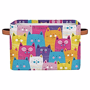 Rectangular Cats Baskets, Kitten Girls Storage Bins Kids Storage Basket with PU Leather Handles Cute Baskets Clothes Toys Box Books Baskets Gifts Baskets for Closet Shelf Nursery Bedroom 15x11x9.5 In