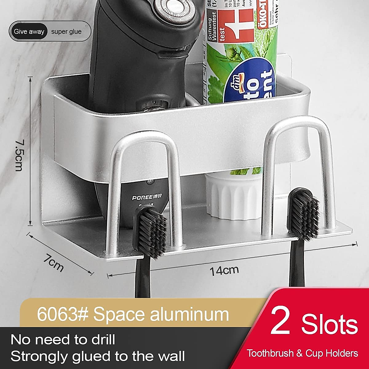 Toothbrush Holder Wall Mounted, Bathroom Accessories Organizer, No Drilling for Wall, Space Aluminum Material Silver (2 Slots)