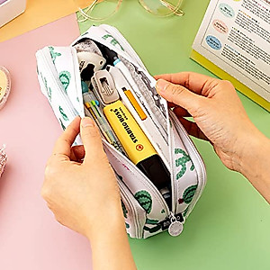 MAMUNU Big Capacity Pencil Pen Case, 3 Compartments Large Storage Canvas Pencil Pouch with Zipper, Green Cactus Design Aesthetic Pencil Pouch For Office School