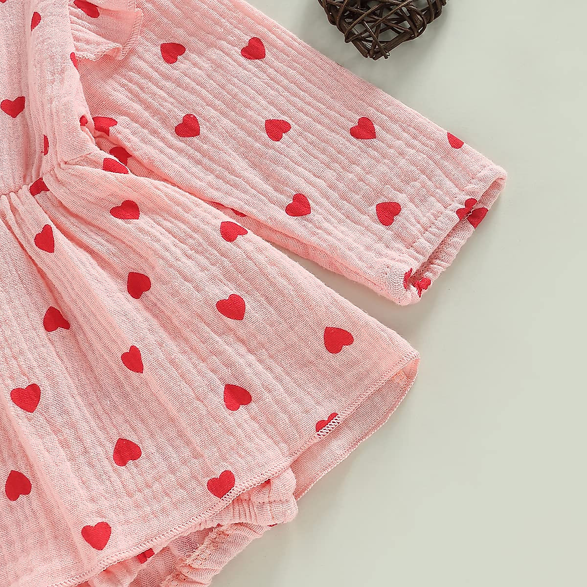 WASAIGOOD Newborn Baby Girls Cotton Linen Romper Dress Long Sleeve Heart Print Valentine's Day Onesie Outfits with Headband (Pink,6-12 Months)
