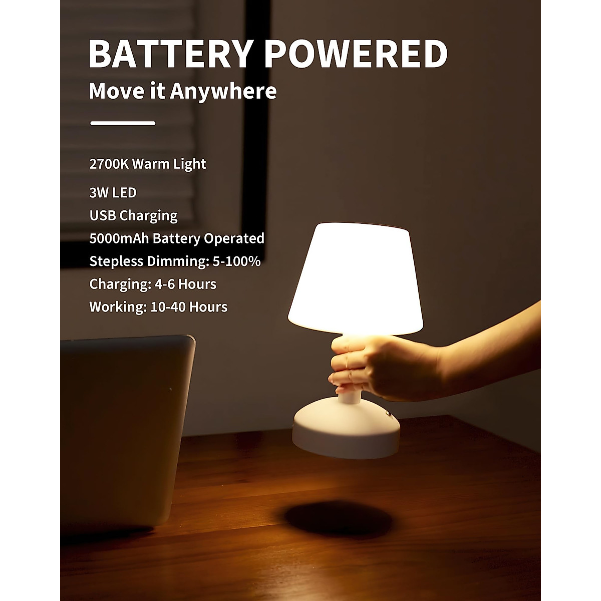 KDG Modern Cordless Small Table Lamps, Outdoor Portable Shower Waterproof LED Dimmable Desk Lamp, 5000mAh Rechargeable Battery Operated Lighting for Restaurant, Bedroom, Bathroom, Night Light (White)