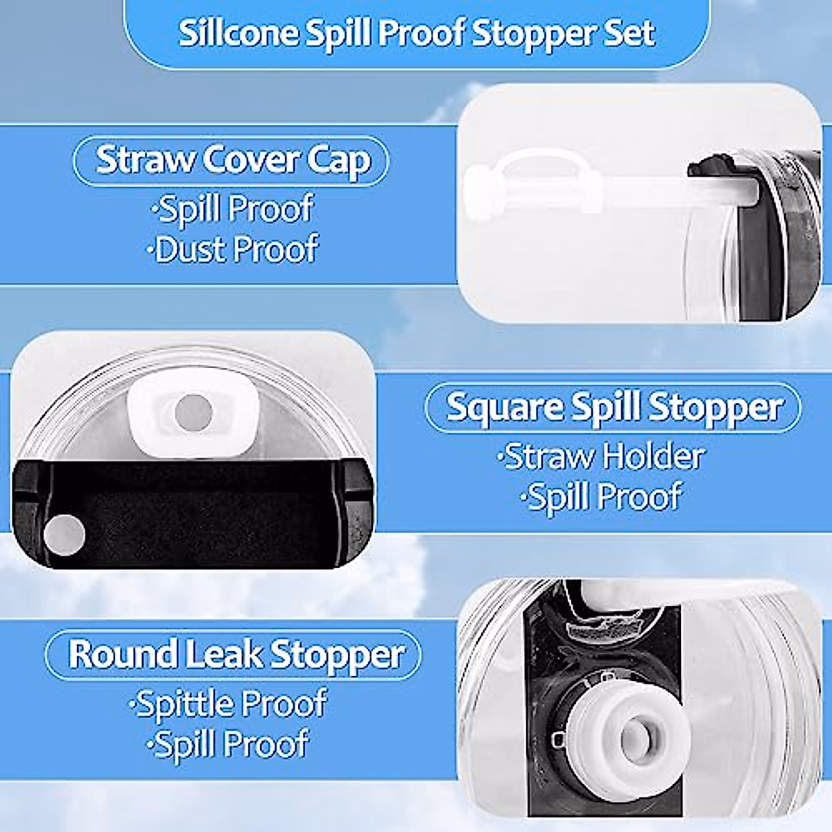 Toffos Silicone Spill Proof Stopper Set of 3, Compatible with Stanley Cup 1.0 40oz/ 30oz, Tumbler Accessories, Including 3 Straw Cover Cap, 3 Square Spill Stopper and 3 Round Leak Stopper