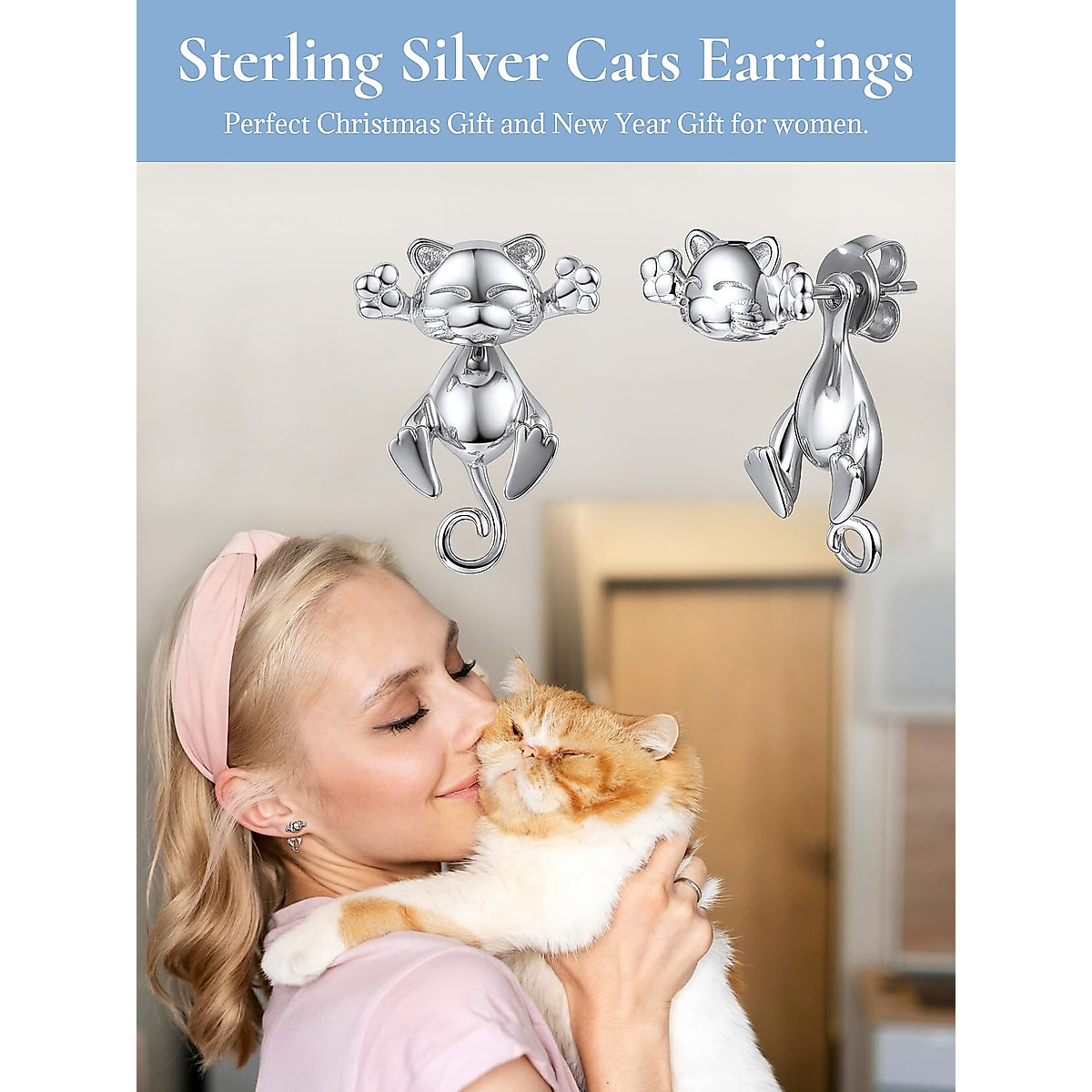 925 Silver Cute Cat Earrings Stud Solid Sterling Jewelry " Kiss me Hug Me" 3D Kitten Ear Jacket Earring for Women Teen Girls