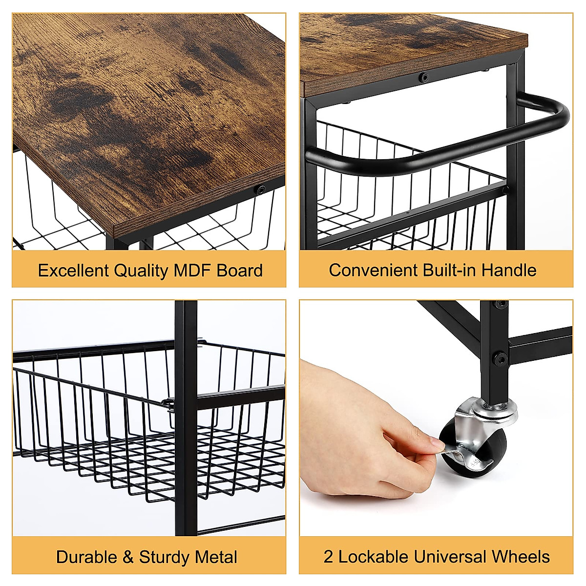 smusei Kitchen Cart on Wheels 4 Tier Metal Moveable Kitchen Cart with Storage Rolling Utility Storage Cart with Pull Out Baskets for Home, Bathroom, Pantry