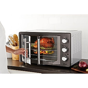 Oster 31160840 Extra Large Single Door Pull French Door Turbo Convection Toaster Oven with 2 Removable Baking Racks, Metallic and Charcoal