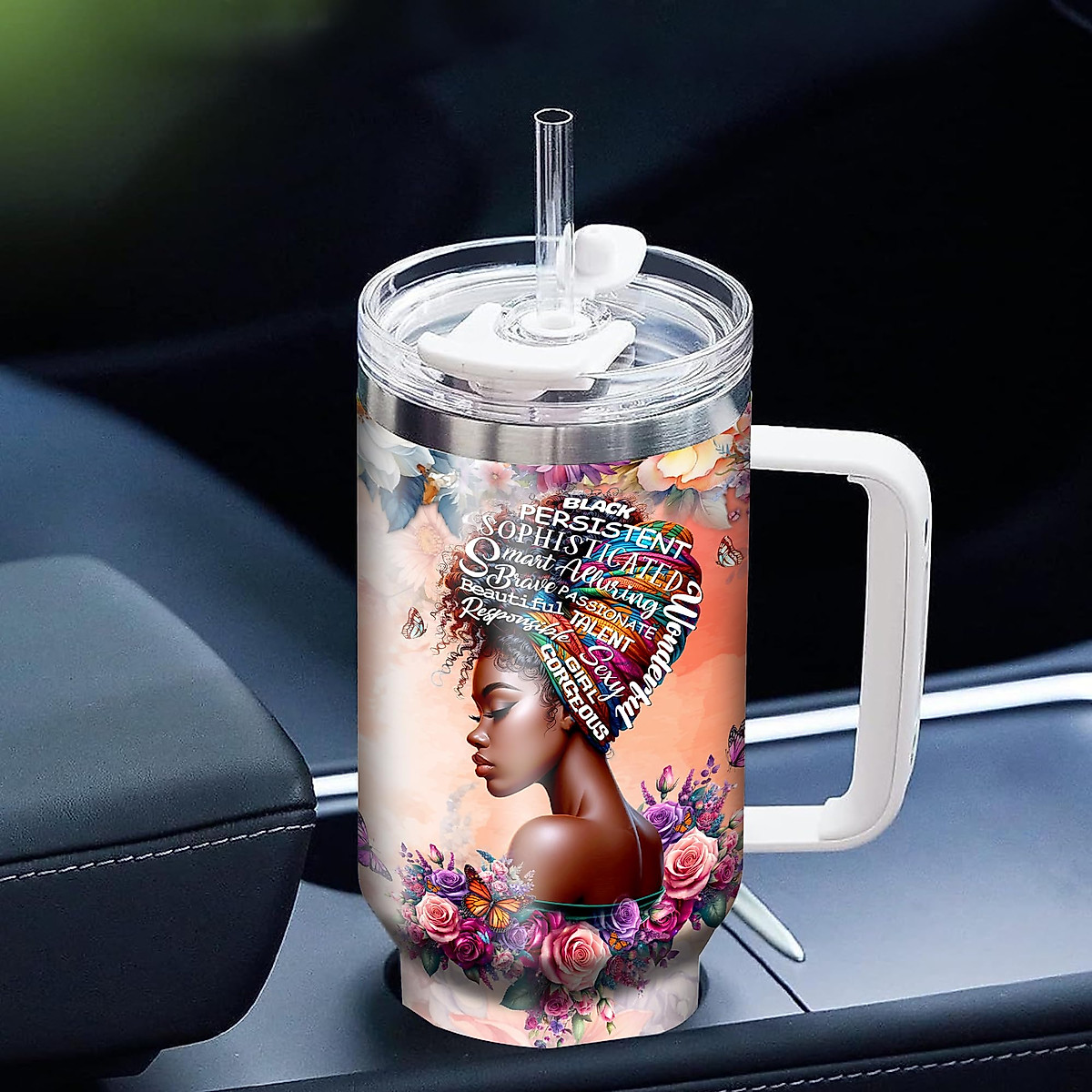 WAZONE Personalized Black Girl 40oz Tumbler with Handle and Straw Lid Melanin Insulated Cup Custom Name Stainless Steel Travel Coffee Mug Birthday Christmas African Gifts For Women Afro Girls