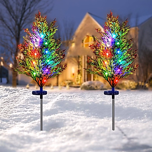 Solar Artificial Tree Lights Garden Stake Pathway Lights for Outdoor Decorations, IP65 Waterproof Solar Tree 2 Pack Flickering Tree Lights for Garden Yard Pathway Decor