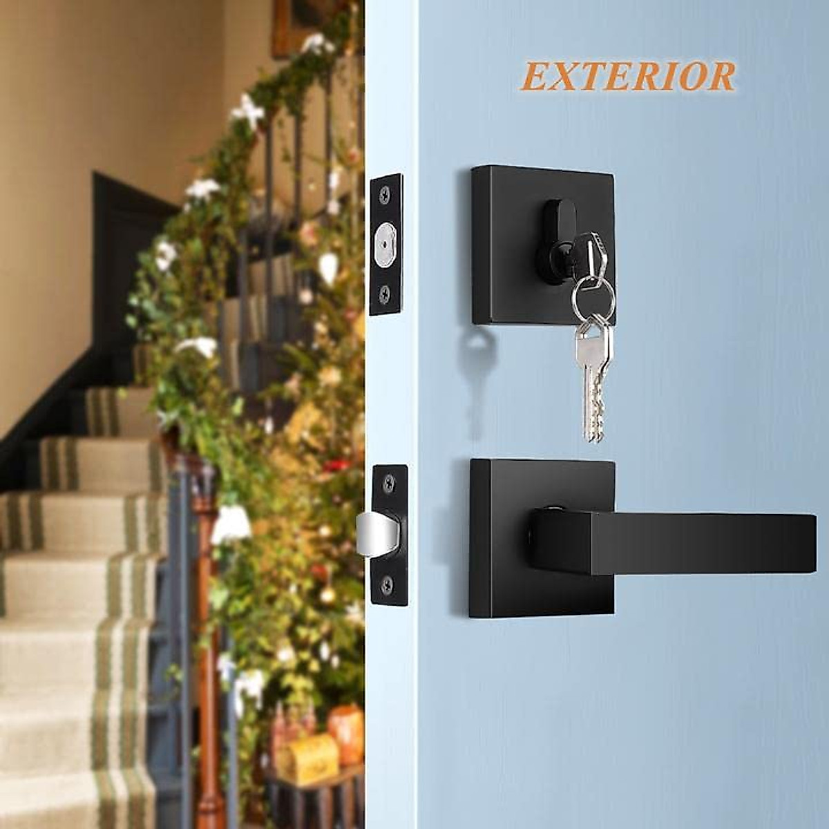 Probrico Flat Black Passage Door Lever with Single Cylinder Deadbolts Combo Pack, Modern Square Lock Set Handleset,Exterior Door Handle and Deadbolts Set,Exterior Door Lever Passage 2 Pack