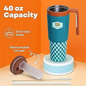 40 oz Travel Tumbler with Removable Infuser- Double Wall Vacuum Insulated Leak Proof Tumbler with Handle, Stainless Steel Travel Mug with Lid for Tea Coffee &Juice Sports Water Flask Cup 2-in-1