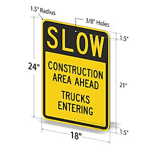 SmartSign 24 x 18 inch “Slow - Construction Area Ahead, Trucks Entering” Metal Sign, 80 mil Laminated Rustproof Aluminum, Black and Yellow, Made in USA