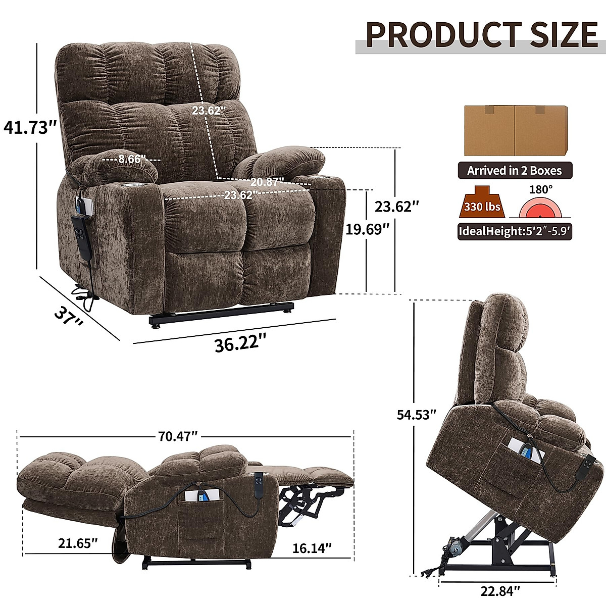 Plococo Lay Flat Sleeping Dual OKIN Motor Lift Recliner Chair with Vabriation Heat Massage for Elderly,Infinite Position Soft Fabric Power Electric Recliner Sofa Chair for Living Room, Brown, 9990