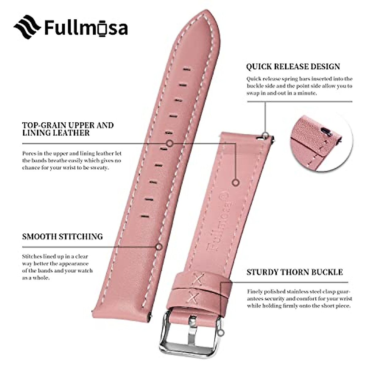 Fullmosa 20mm Leather Watch Bands Compatible with Samsung Galaxy Watch 5 40mm 44mm/Pro 45mm,Galaxy Watch 4 40mm 44mm/Classic 46mm 42mm(2021),Galaxy Watch 3 41mm/Watch 42mm/Active 2 40mm 44mm,Pink