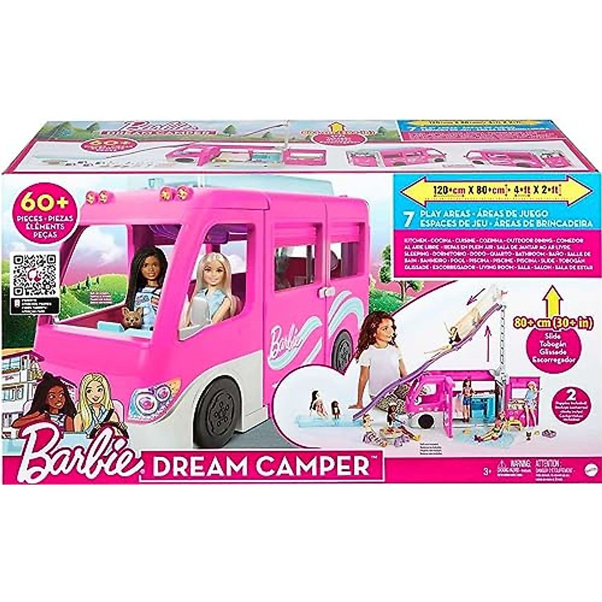 Barbie Camper Playset, Dreamcamper Toy Vehicle with 60 Accessories Including Furniture, Pool and 30-Inch Slide