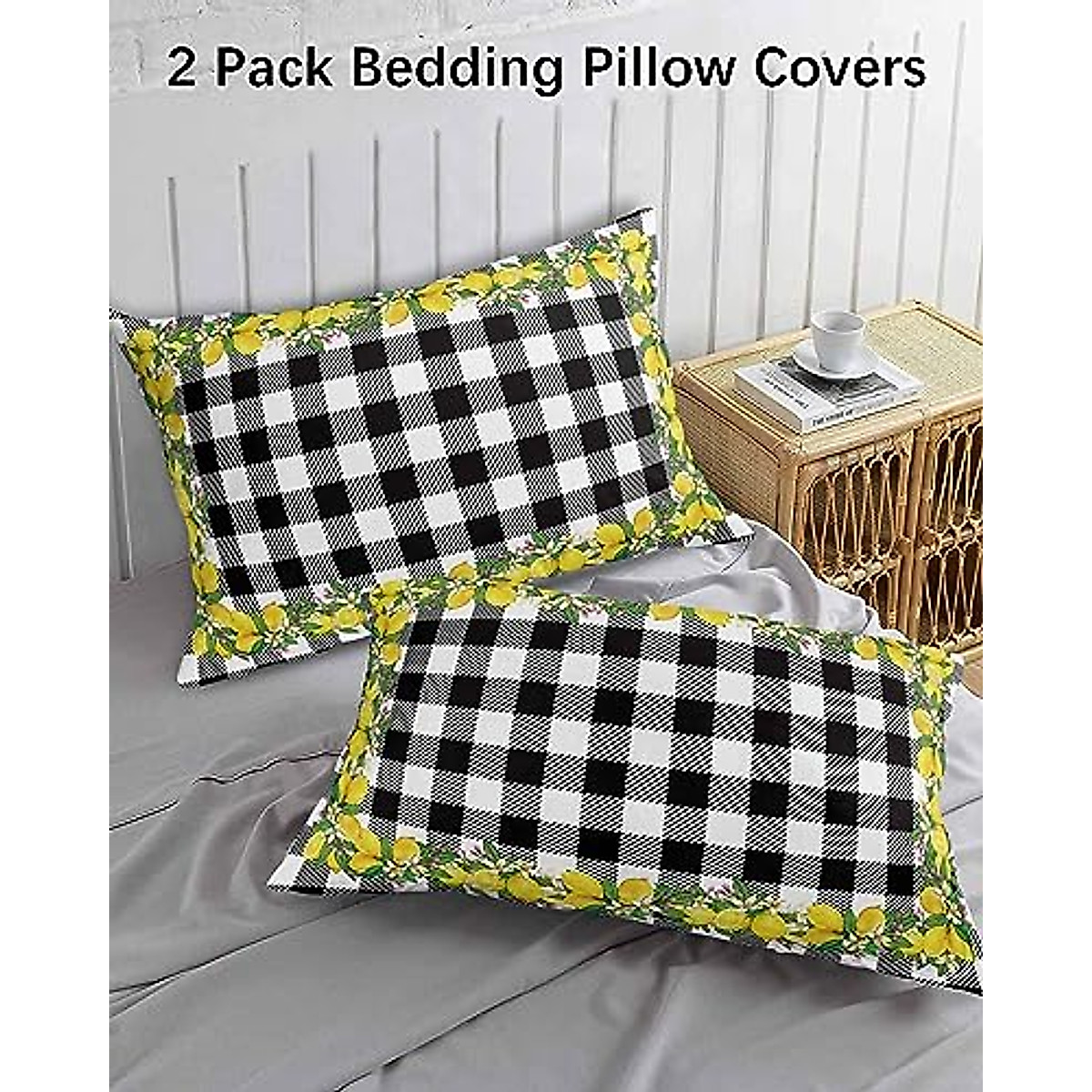 Edwiinsa Summer Lemon Pillow Covers Standard Size Set of 2 20x26 Bed Pillow, Yellow Fruit Spring Floral Black Plaid Plush Soft Comfort for Hair/Skin Cooling Pillowcases with Envelop Closure