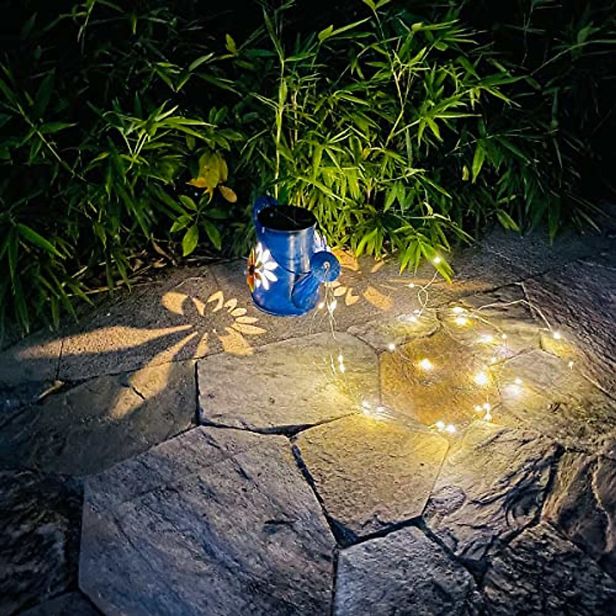 Blue Solar Watering Can with Light,Solar Powered Waterfall Lights 1 Pack 60 LED(Includes Shepherd Hook) for Garden,Yard, Path, Christmas Holiday Decoration