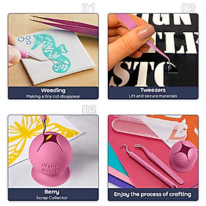 iVyne Berry and Silicone Weeding Tools for Vinyl, Suction Vinyl Weeding Scrap Collector Holder, Craft Tweezer, Weeder, Vinyl Weeding Tool Kit for Cricut, Silhouette Accessories Scrap Storage - Pink