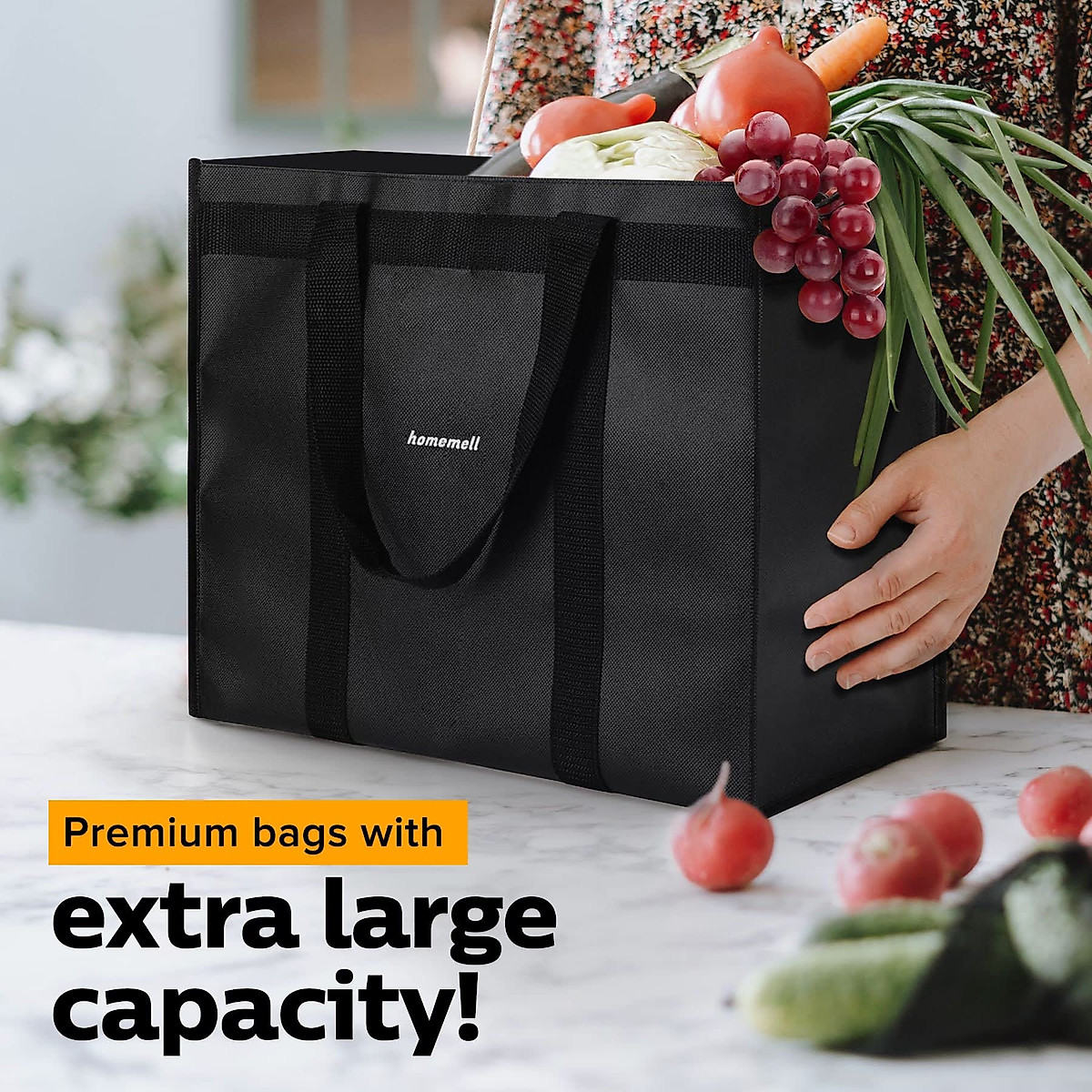 Homemell Heavy Duty Reusable Grocery Bags, Extra Large Collapsible Tote Holds 100 LBS, Extra-Strength Premium Material (Black, 6-Pack)