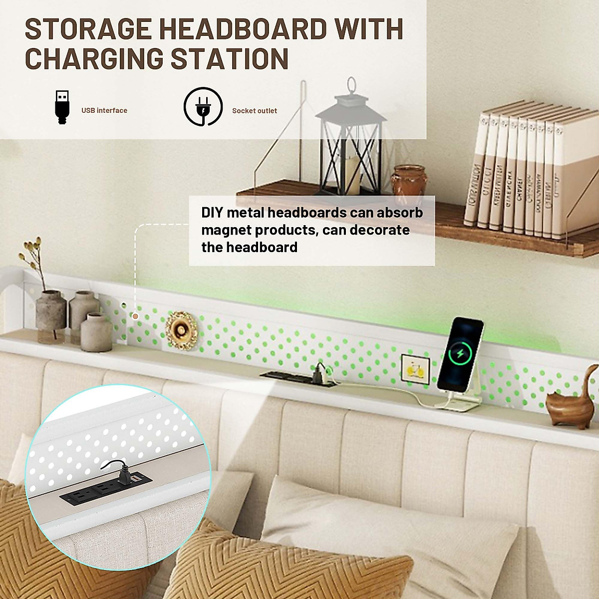 Queen Size Bed Frame with LED Headboard, Metal and Upholstered Platform Bed with Charging Station and 4 Drawers Storage, No Box Spring Needed, Beige