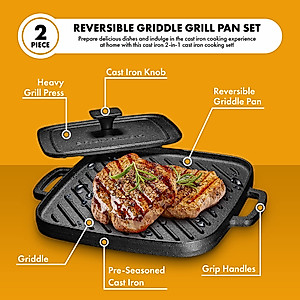 Bruntmor 2-in-1 Pre-Seasoned Cast Iron Reversible Griddle Grill Pan with Heavy Grill Press - 10 x 10 Inches Square Pan for Stove Top and Oven Cooking - Durable Grip Handle for Easy Use - Black