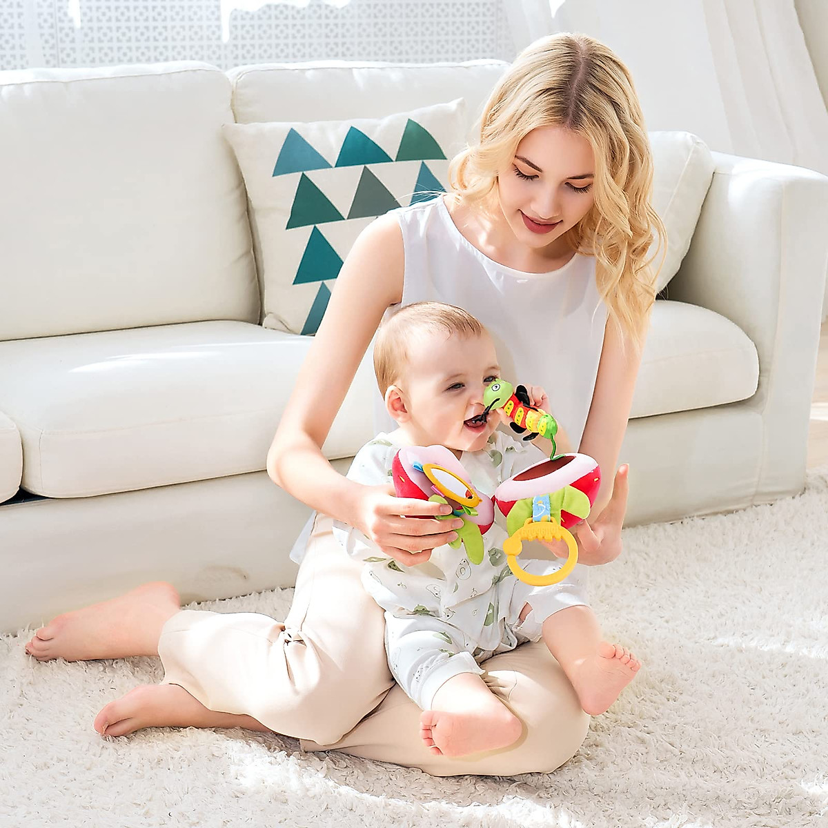 Jollybaby Plush Stuffed Fruit Baby Rattle Toy for Stroller Car Seat Crib, Montessori Sensory Plush Avocado Toy with Rattle and Mirro Toy for Baby 0-6-12 Months, Infant Baby Boy & Girl Shower Gift