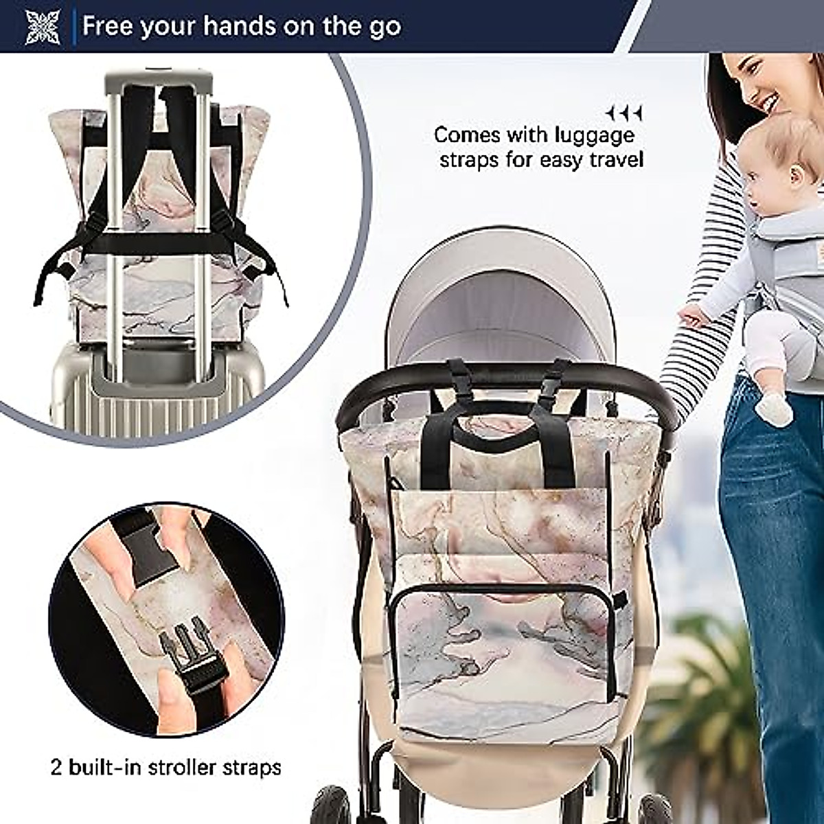 xigua Marble Ink Texture Diaper Bag Backpack Multi Function Baby Changing Bags Waterproof Large Capacity Travel Back Pack for Mom Dad