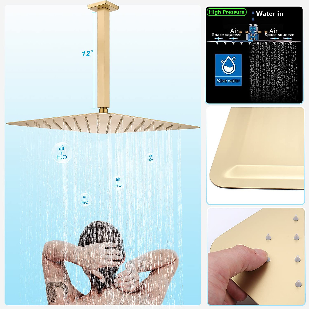 Enga Body Jets Shower System with On-Off Switch, 16 Inch Ceiling Rain Shower Head with Jets Shower Faucet Fixture Complete Set Brushed Gold