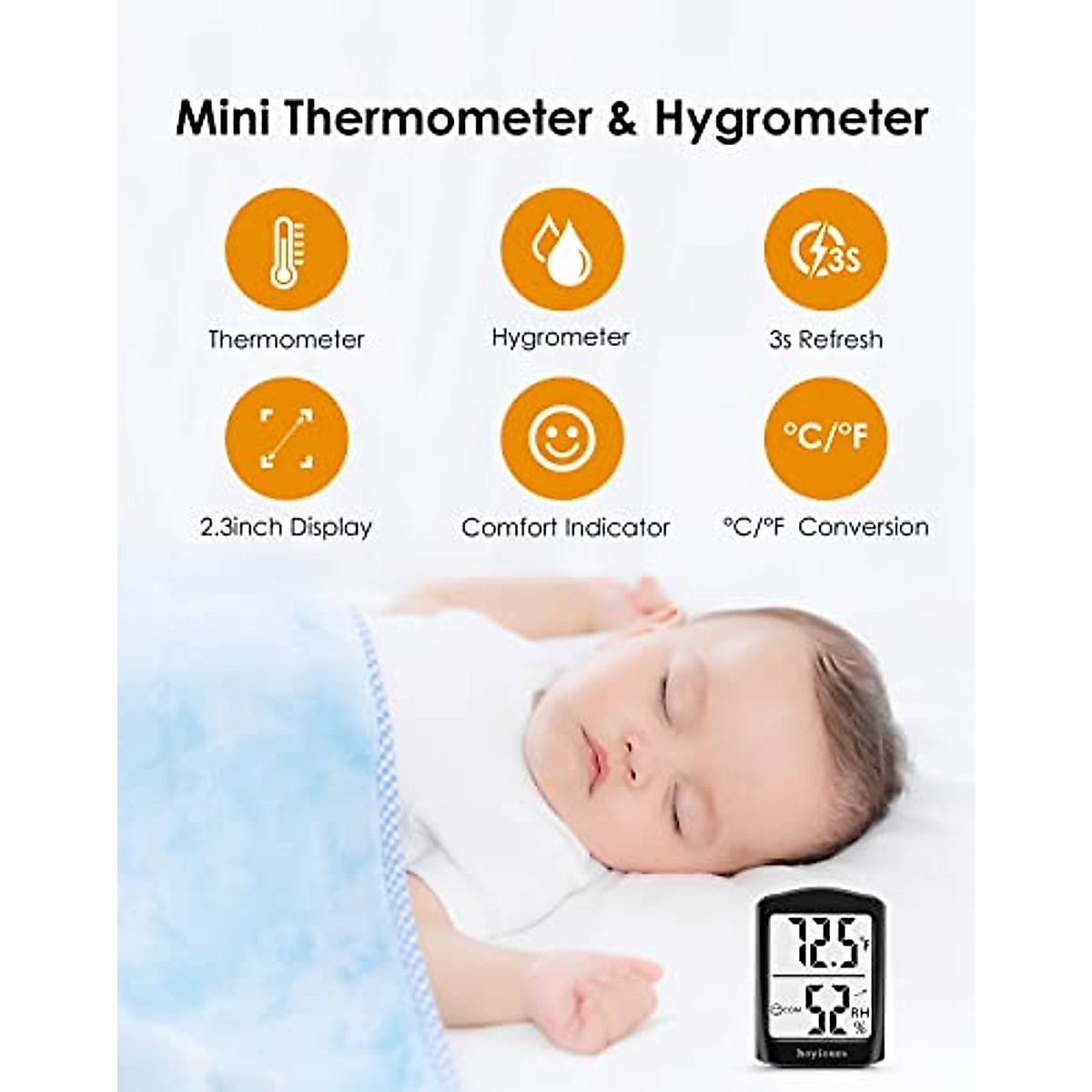 hoyiours Digital Hygrometer Indoor Thermometer Room Temperature and Humidity Monitor with 3s Fast Refresh, Thermometer Hygrometer Humidity Meter Humidity Gauge for Home, Baby Room, Greenhouse, Black