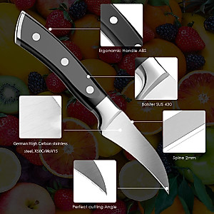 Paring knives, 2.5 cm beak beak fruit knife, vegetable knife made of German stainless steel, extremely hard sharp blade, hand-polished, ergonomic ABS handle