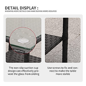 Outdoor Wicker Glass Top Side Table - Patio Balcony Deck Pool Square End Table with Storage, Black