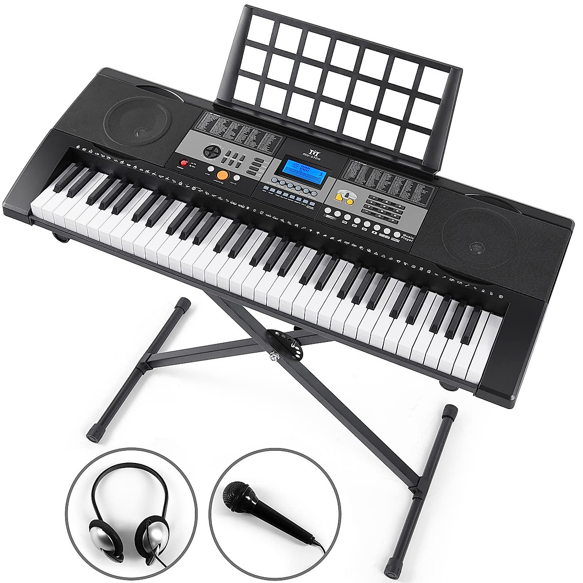 MUSTAR Piano Keyboard 61 Key, Electric Keyboard Piano with Stand, Touch Sensitive Keyboards Piano 61 Key for Beginners, Headphones, Microphone, MP3/USB/LCD Screen, Holiday Birthday Gifts