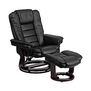 Flash Furniture Contemporary Multi-Position Recliner with Horizontal Stitching and Ottoman with Swivel Mahogany Wood Base in Black LeatherSoft