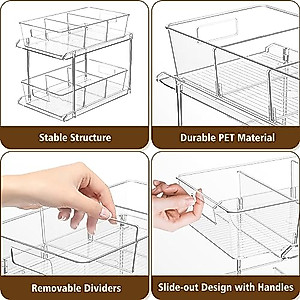 Fabspace Pull-out Home Organizer, 2 Pack 2 Tier Clear Bathroom Organizer with Dividers, Multipurpose Vanity Counter Tray, Kitchen, Closet Organizers, Cabinet & Storage Container Bins