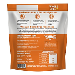 Whole Life Pet Pumpkin Powder for Dogs and Cats. Firms Stool, Relieves Diarrhea. Mix with Water for Instant Puree. No Mess or Waste from Cans. Human Grade Quality