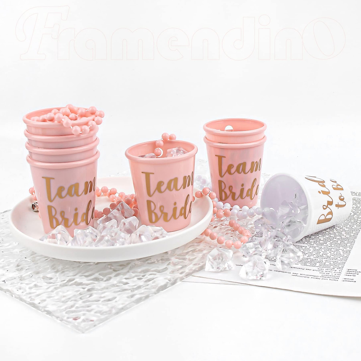 Framendino, 8 Pack Team Bride and Bride to Be Plastic Beaded Shot Glass Necklace Shot Glasses Bridal Necklace with Gold Foil for Bachelorette Party Decorations