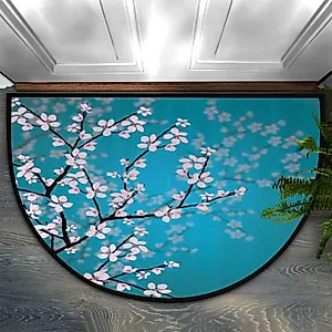 KoneFeco Half Round Door Mat Cherry Blossoms Non-Slip Soft Half Circle Area Rug Washable Fireplace Rug Durable Decor Half Moon Hearth Rugs for Floor Indoor Living Room Bedroom Kitchen 18X30