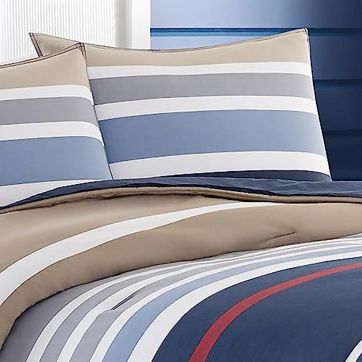 Nautica - Queen Comforter Set, Cotton Reversible Bedding with Matching Shams, Stylish Home Decor (Bradford Navy/Kahki, Queen)