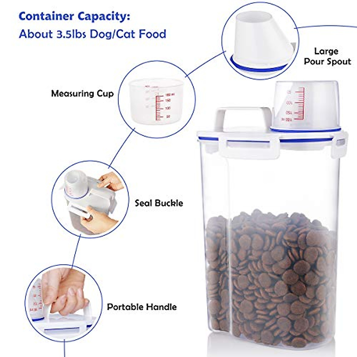 Kytely Upgraded Airtight Pet Food Storage Container, Small Dog Food Container with Measuring Cup, Cat Food Storage Container with Pour Spout, 4 Seal Buckles Food Dispenser for Regular Food, Dogs, Cats, Birds (White)