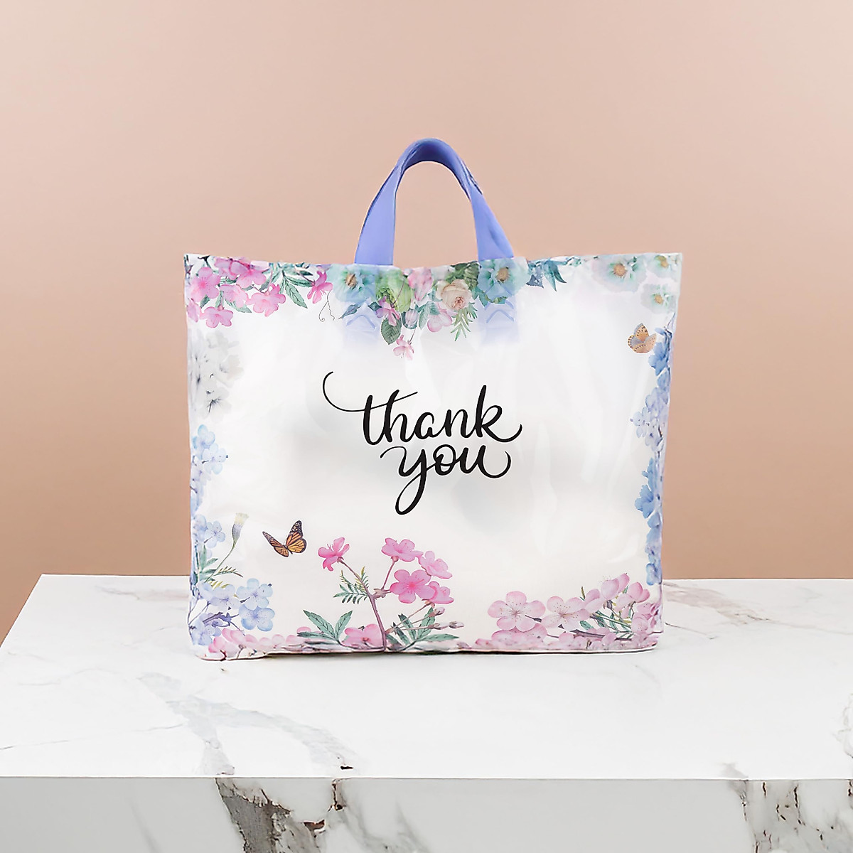 Purple Q Crafts Thank You Bags for Business 50 Pack 15" W x 12" H Floral Plastic Shopping Bags With Soft Loop Handle Thank You Shopping Bags