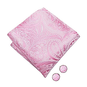 Hi-Tie Pink Paisley Bow Ties For Men Wedding Woven Silk Classic Pretied Bowtie and Pocket Square Cufflinks Set