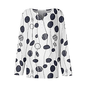 Blouses for Women Business Casual Fashion Basic Dot Line Pattern Print Tops Long Sleeve Henley Tunic Pullover Fall Winter V Neck Button Down Tee Shirts Navy 2XL