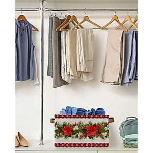 Anzona Christmas Poinsettia Storage Basket for Shelves, Xmas Floral Pine Needles Burlap Storage Cube Fabric Storage Bins, Closet Organizers with Handles for Book, Toys, Cloth, 15"x11"x9.5", 1 Pack