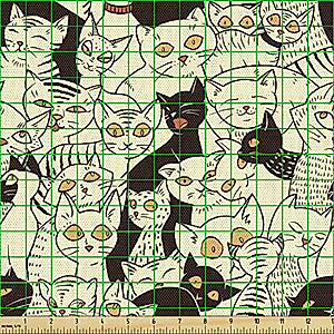 Lunarable Cat Fabric by The Yard, Modern Big Eyed Funk Style Kitties with Retro Influences Animal Graphic, Decorative Fabric for Upholstery and Home Accents, 1 Yard, Yellow Black