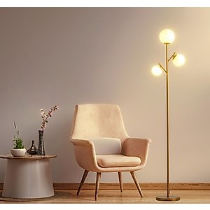 Fiqevs 3 Globe Gold Mid Century Floor Lamp, Modern Standing Lamp with Frosted Glass Shade & 3pcs Warm White LED Bulbs, Contemporary Tall Tree Lamp for Living Room, Bedroom - Antique Brass