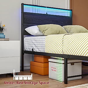 Twin Bed Frame with Headboard/LED Lights,Metal Bed Frame Twin Size with Charging Station,Twin Platform Bed Frame Twin Size No Box Spring Needed,Beds Base,Heavy Duty Metal Slats Support,No Noise,Black