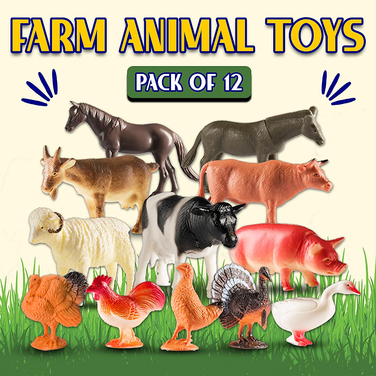 Bedwina Farm Animal Toys - Pack of 12 - Plastic Farm Animals for Kids, Realistic 3-5 Inch Ranch / Barnyard Animal Toy Figures Styles Include Sheep, Horse, Goat, Duck, Chicken, Turkey, Cow, Pig