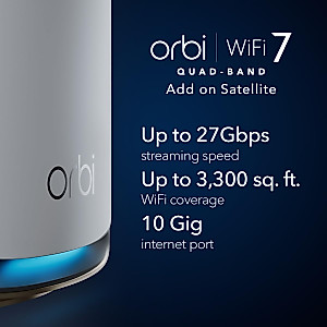 NETGEAR Orbi 970 Series (RBE970) Quad-Band WiFi 7 Mesh Add-on Satellite - Works with Existing 970 Series Mesh System or Router, Security Features, Covers up to 3,300 sq. ft., BE27000 802.11be