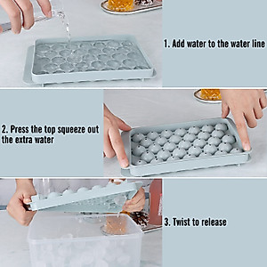 Ice Cube Tray with Lid & Bin 1IN Round Ice Cube Mold for Freezer 66PCS Ice Ball Maker Mold Small Ice Cube Trays Making Sphere Ice Chilling Cocktail Whiskey Tea Coffee (2 Ice Trays, 1 Ice Scoop & Bin)