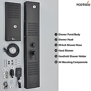 𝗙𝗖𝗢𝗧𝗘𝗘𝗨 𝗦𝗵𝗼𝘄𝗲𝗿 𝗣𝗮𝗻𝗲𝗹 𝗧𝗼𝘄𝗲𝗿 𝗦𝘆𝘀𝘁𝗲𝗺 Shower Panel with LED Full Body Shower System Rain Shower Head 3-Setting Handheld Spray Luxury Shower Tower Stainless Steel Black