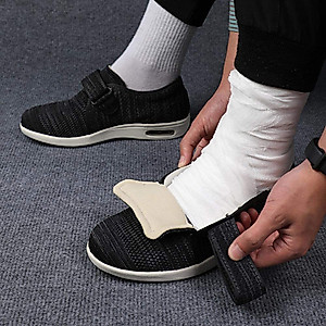 W&Le-Slippers Women's Wide Width Walking Shoes with Adjustable Closures, Air Cushion Breathable Mesh Sneakers for Elderly Diabetic Edema Swollen Feet(BK-GY,7) Black-Grey